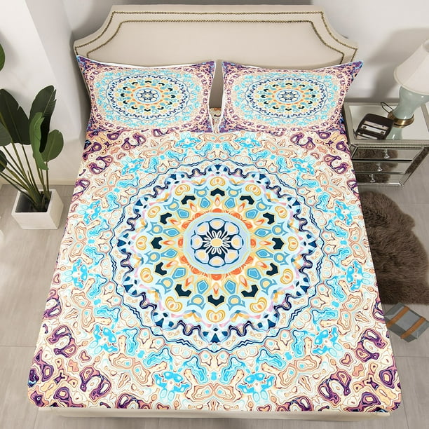 YST Bohemian Mandala Bed Sheets Vintage Persian Fitted Sheet Twin Size Oriental Flower Sheets Abstract Artwork Bedding Retro Medallion Bed Cover