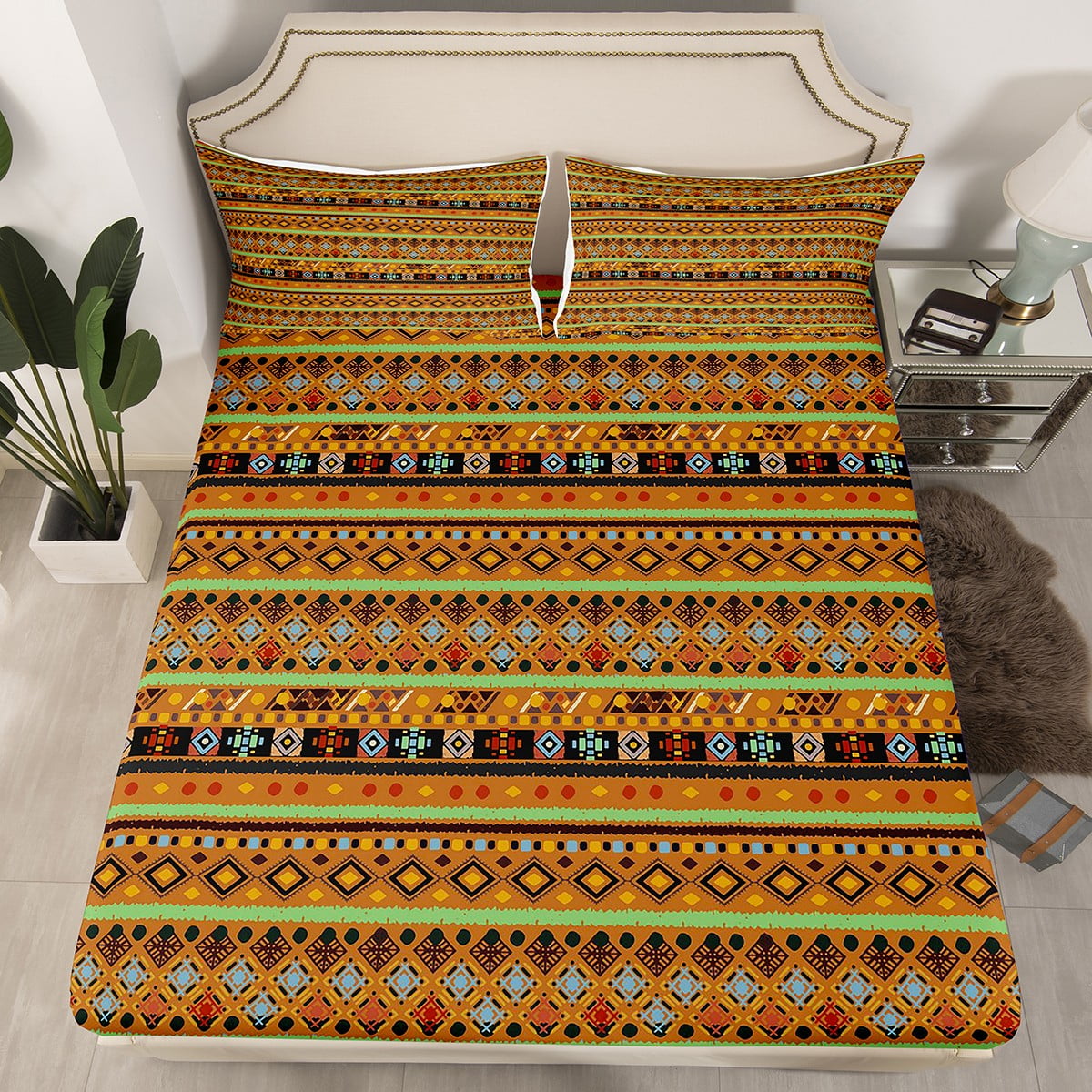 Bohemian Style Bed Set Gold Stripe Yellow Boho Fitted Sheet Geometric ...