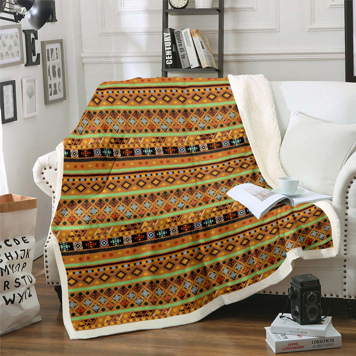 YST Bohemian Style Fleece Blanket for Sofa Couch Gold Stripe Yellow ...