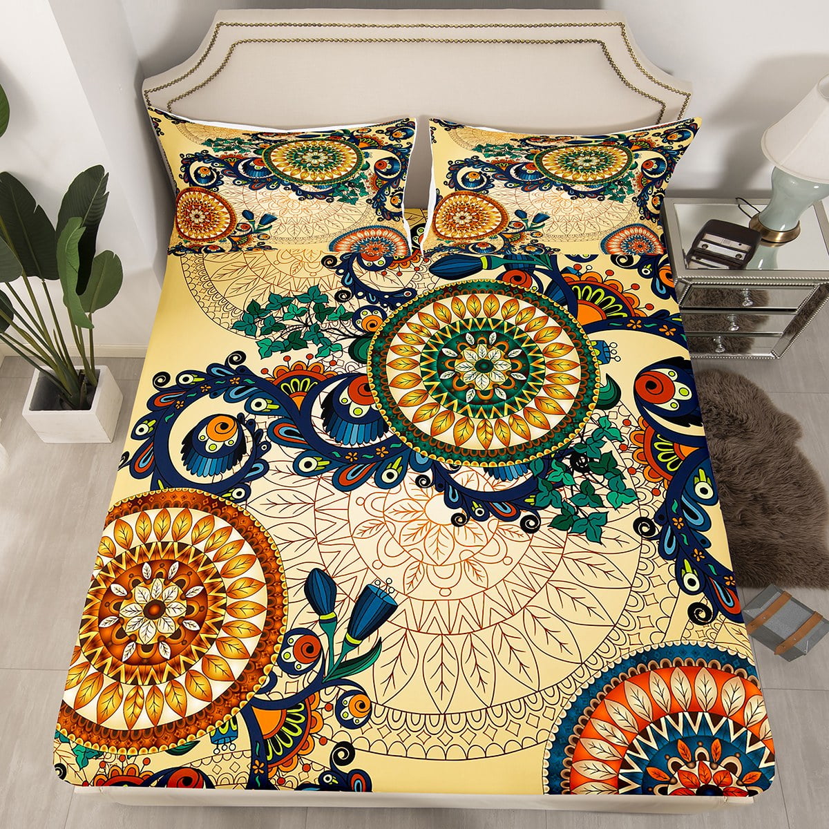 Boho Bed Set Bohemian Flowers Queen, Exotic Mandala Print Fitted Sheet ...