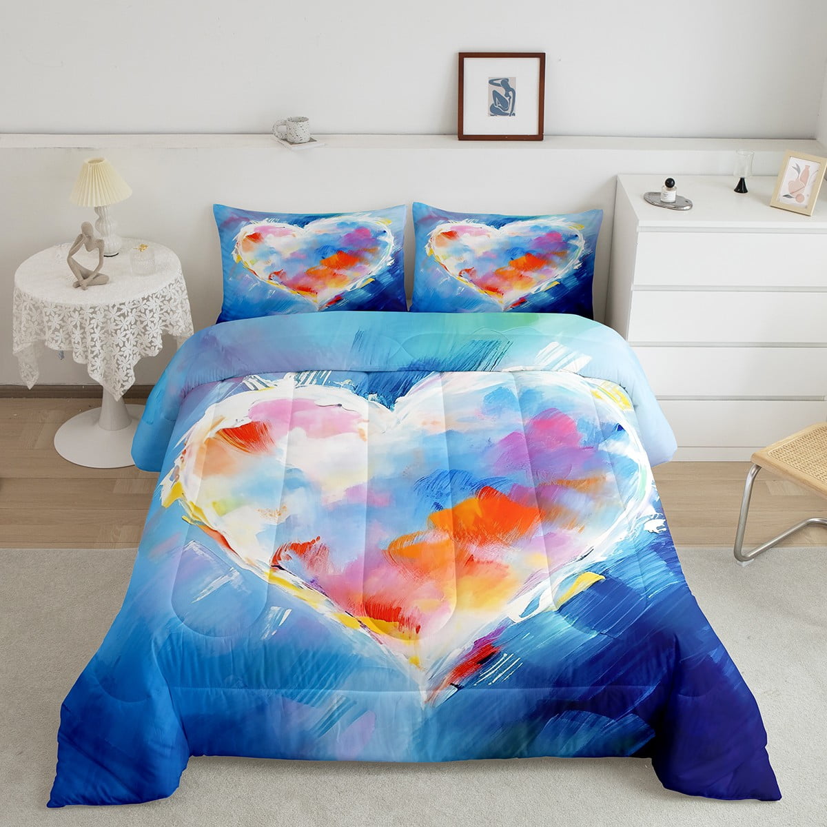 YST Boho Bedding Queen Blue Tie Dye Comforter Set, Love Heart Kawaii ...
