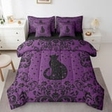 Boho Black Cat Queen Bedding Set 7 Piece Purple Black Halloween Gothic ...