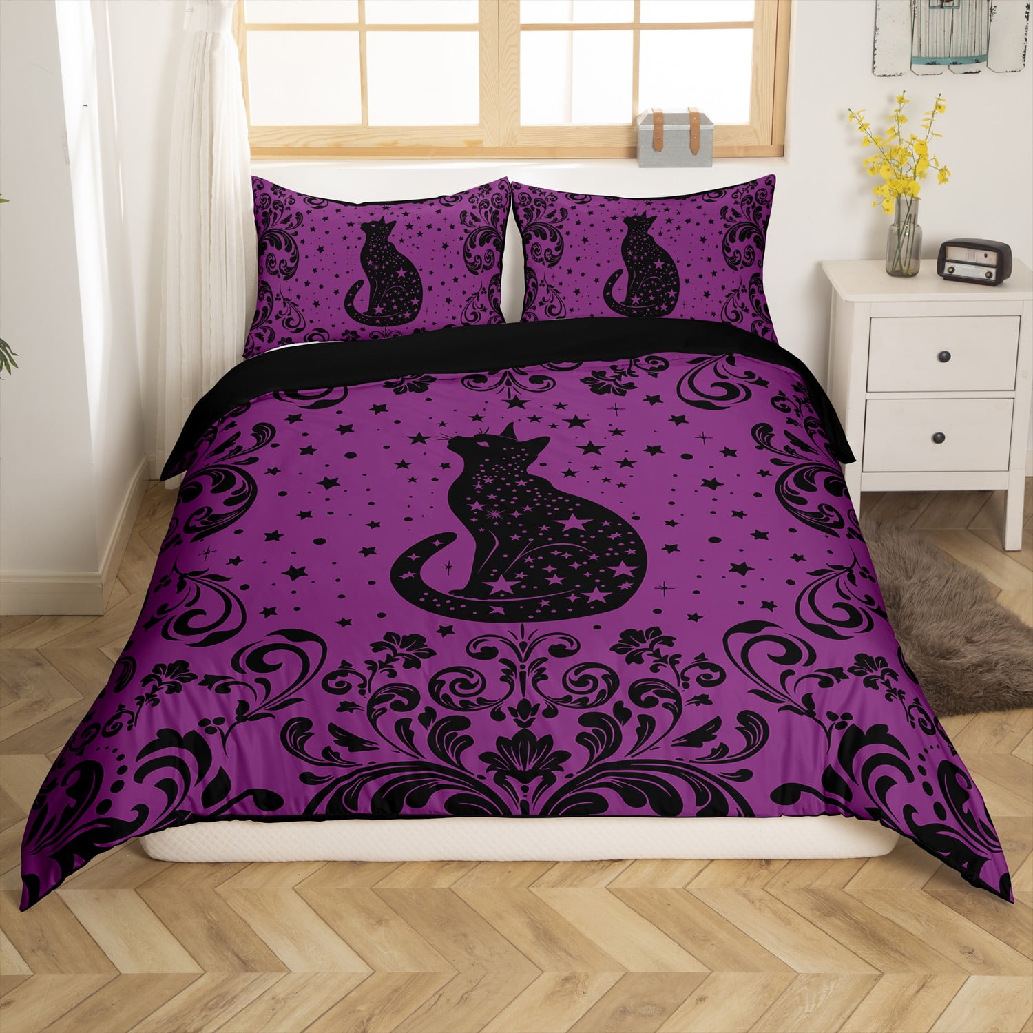Erosebridal Boho Black Cat Bedding Set Purple Black Halloween Gothic ...