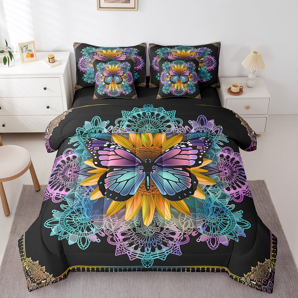Erosebridal Boho Butterfly Bedding King Size 7-Piece Hippie Mandala ...
