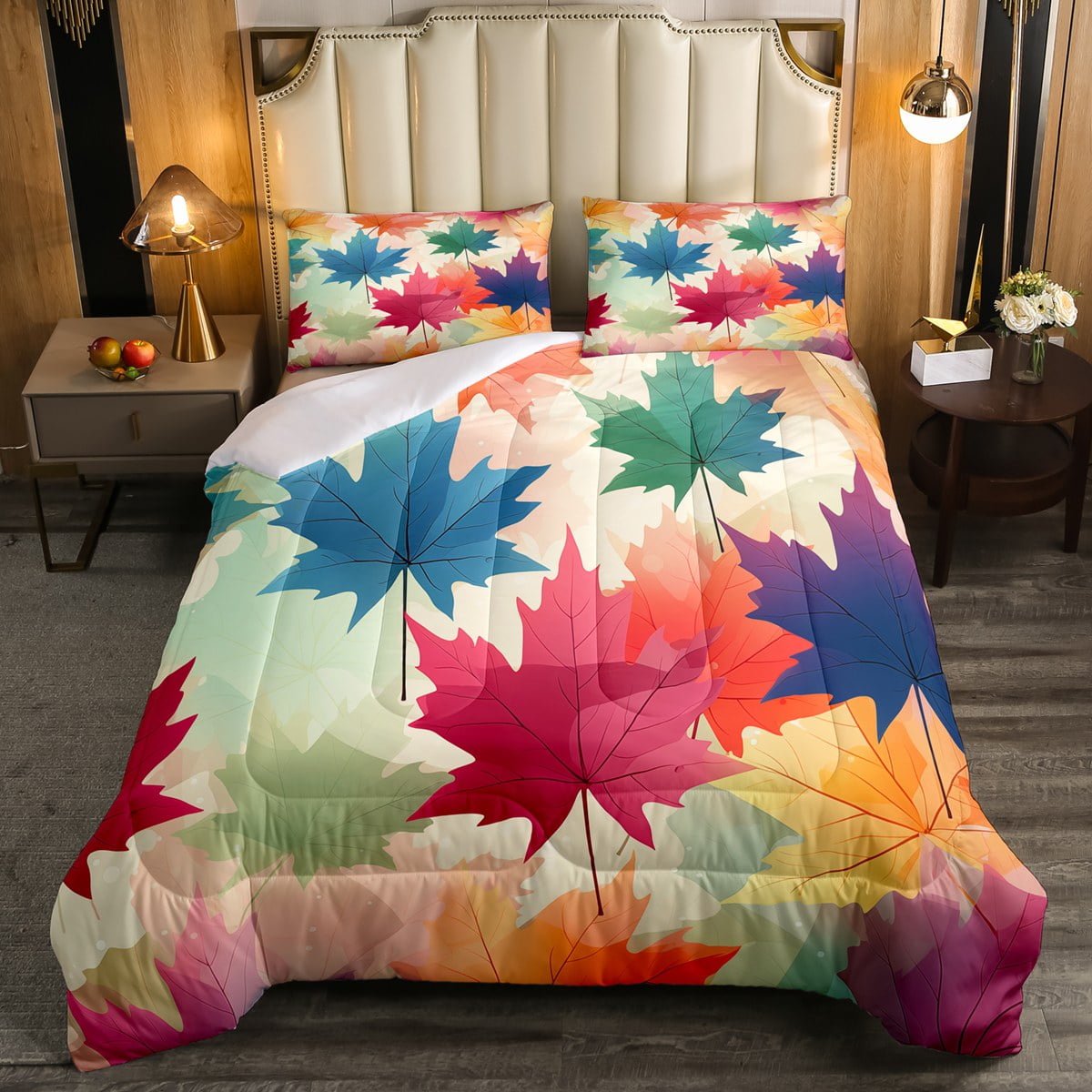 YST Boho Colorful Leaf Full Comforter Set,Watercolor Maple Leaf Bedding Set for Kids Girls Boys ...