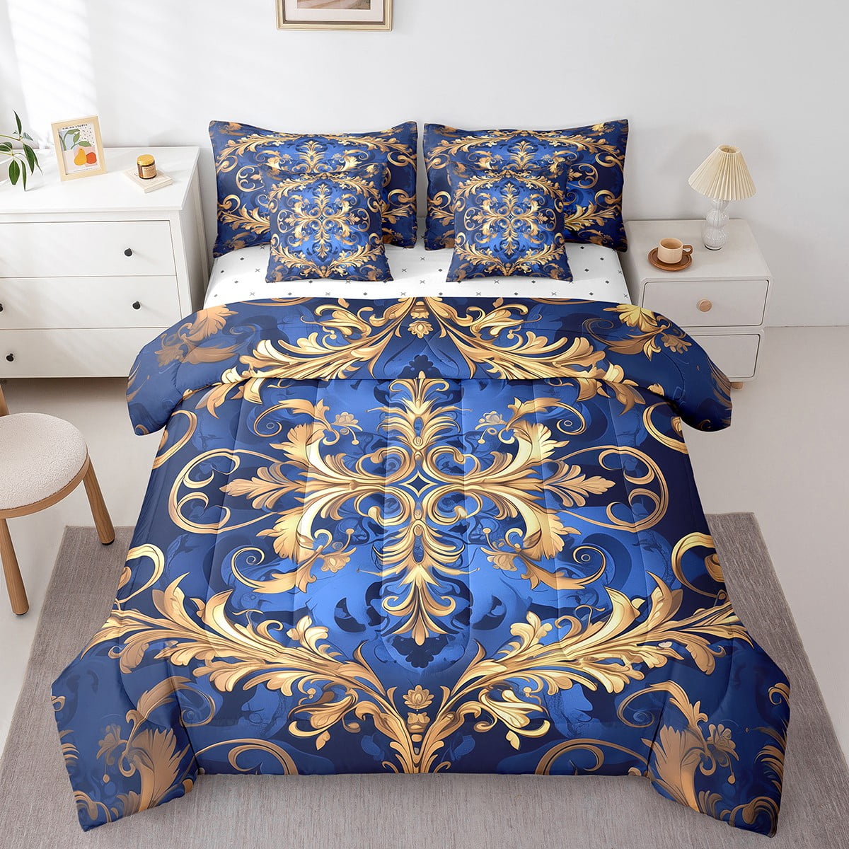 Boho Damask Bedding Twin Size 7Pcs Vintage Flower Comforter Set,Navy ...
