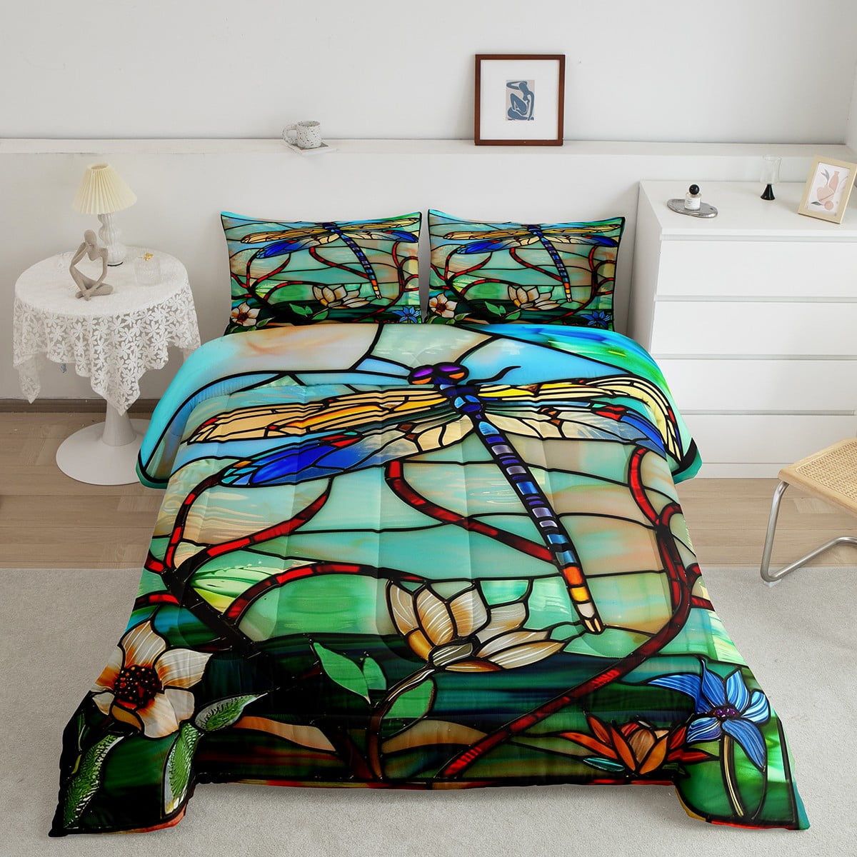 YST Boho Dragonfly King Comforter Set Exotic Dragonfly Flowers Bedding ...