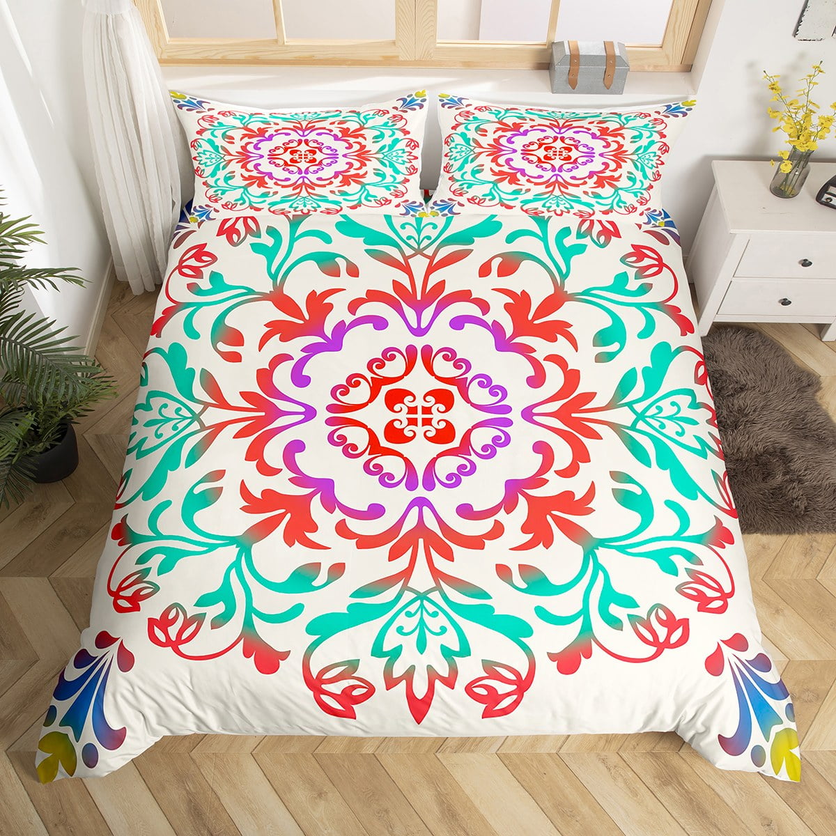 Boho Duvet Cover Ombre Floral Bedding Set King Bohemian Style Comforter ...