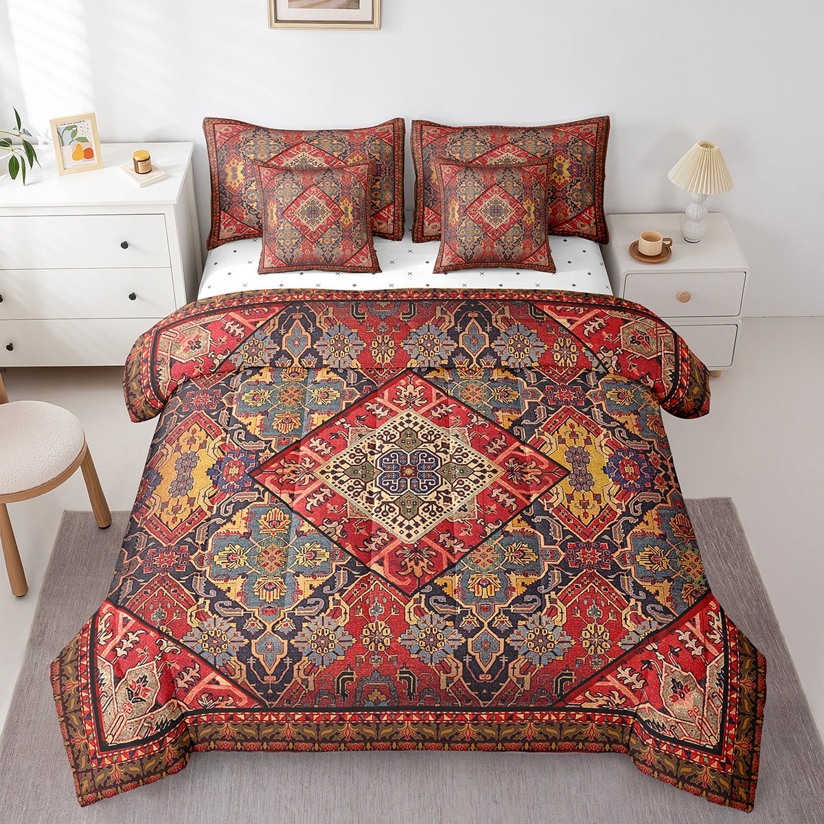 Boho Floral 7 Pcs Comforter Set Queen, Retro Flower Grid Bedding ...