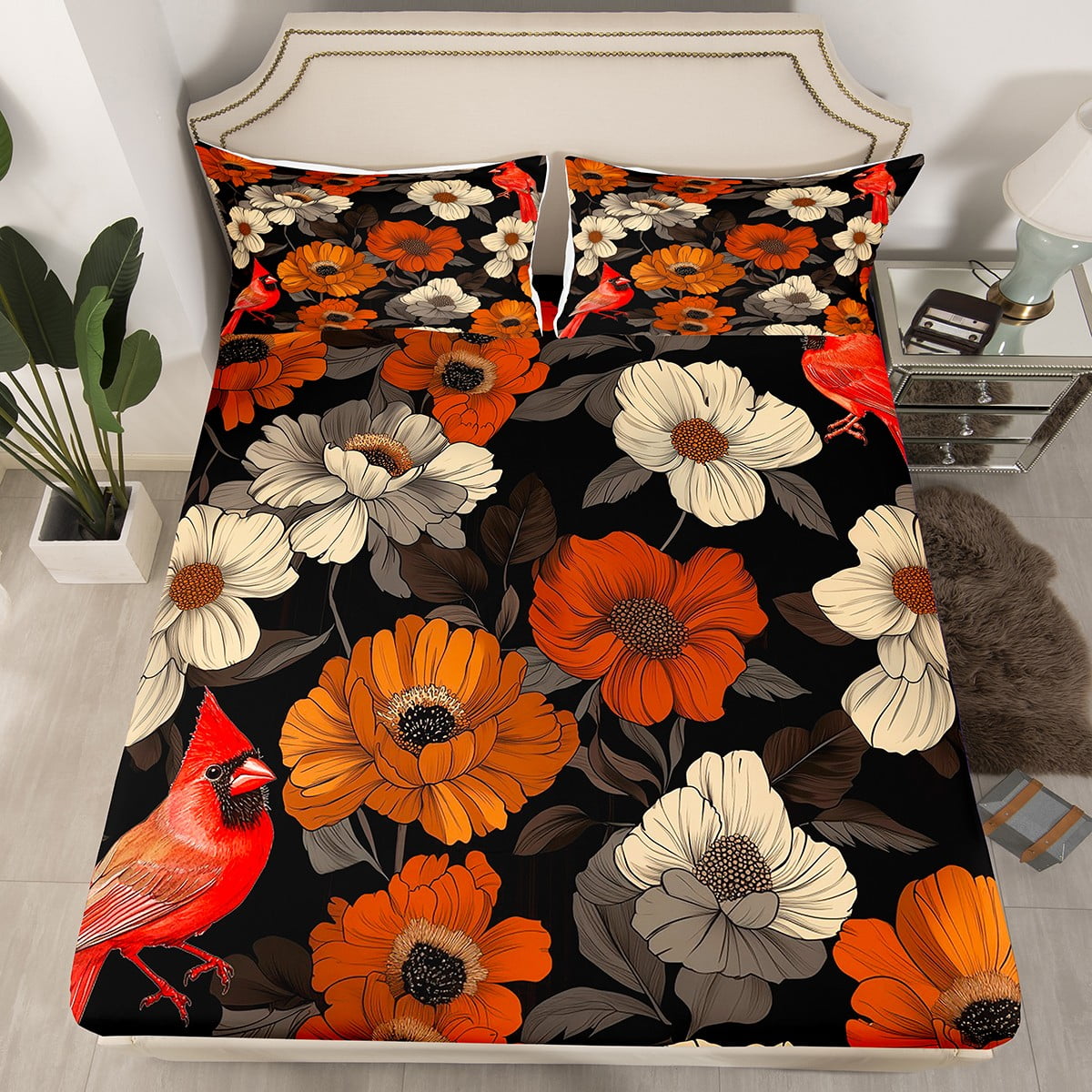 Boho Floral Bed Sheets Chic Cardinal Bird Fitted Sheet Twin Size Teens ...