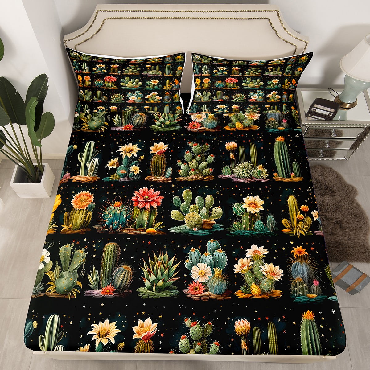 Boho Floral Cactus Twin Fitted Sheet,Green Plant Botanical Flower ...