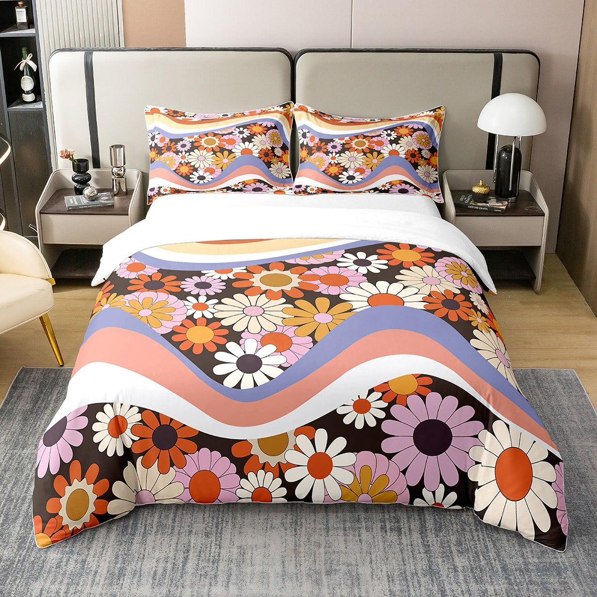 Boho Floral Comforter Cover , Vintage Groovy Flowers 100% Cotton Duvet ...
