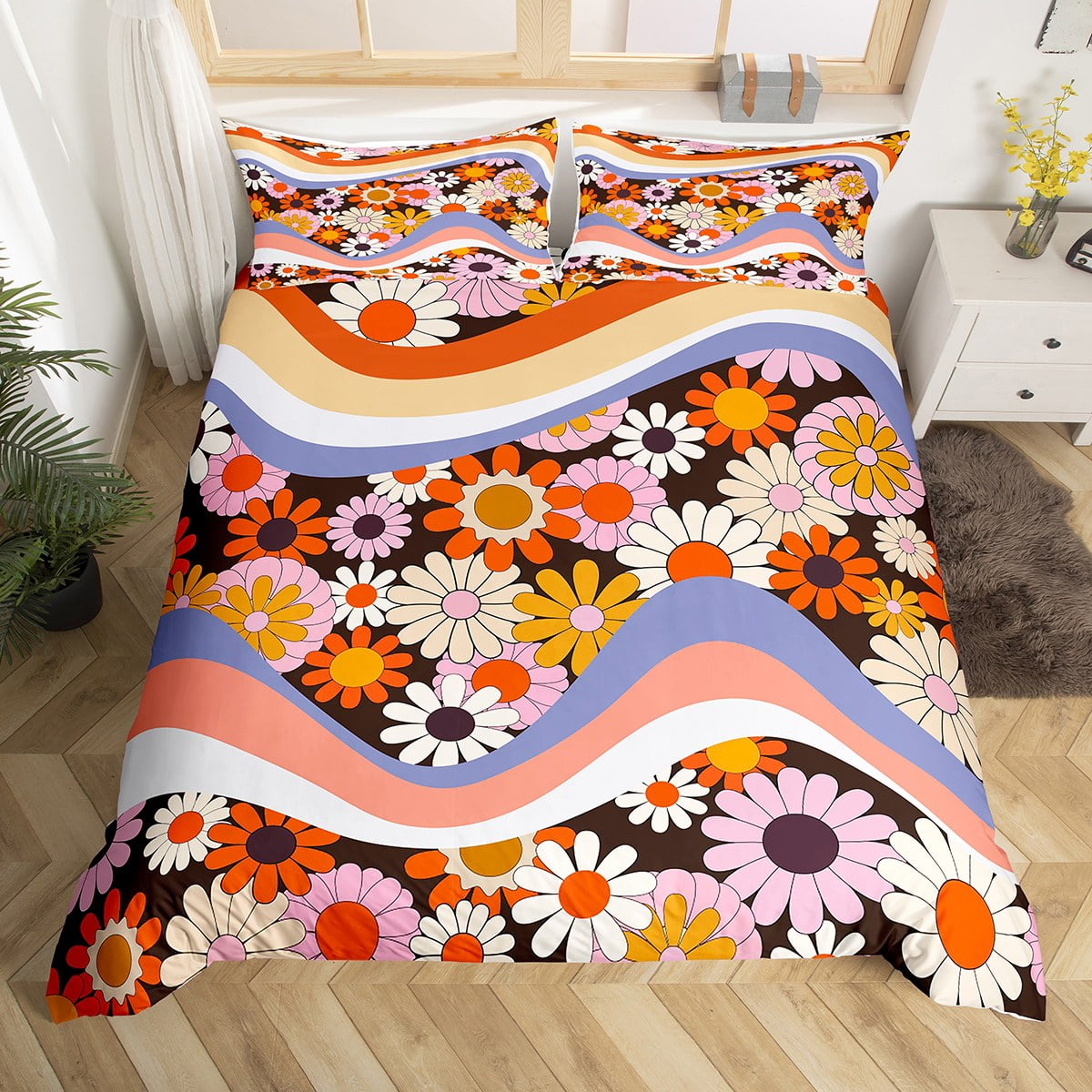 YST Boho Floral Comforter Cover For Girls, Vintage Groovy Flowers Duvet ...