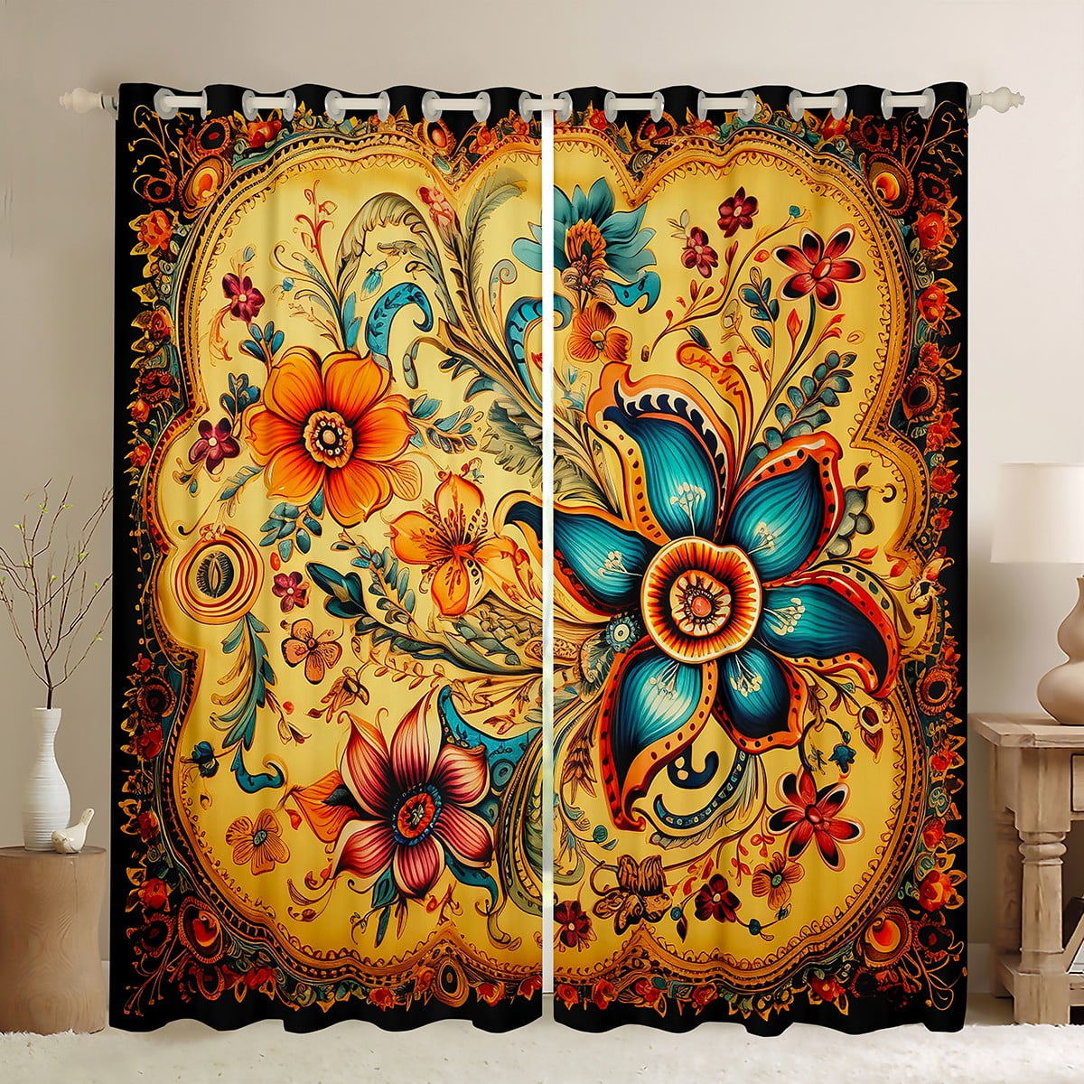 Boho Floral Curtains Bohemian Flowers 30%-50% Blackout Curtains ...