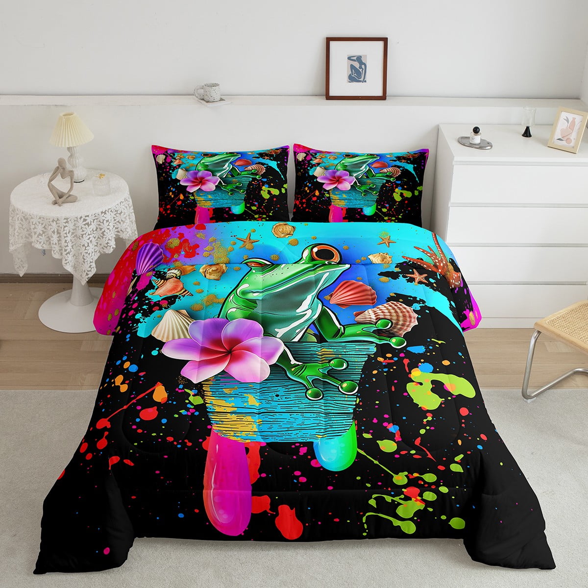 Erosebridal Boho Frog King Comforter Set Rainbow Graffiti Splatters Bedding Set, Wild Animal ...