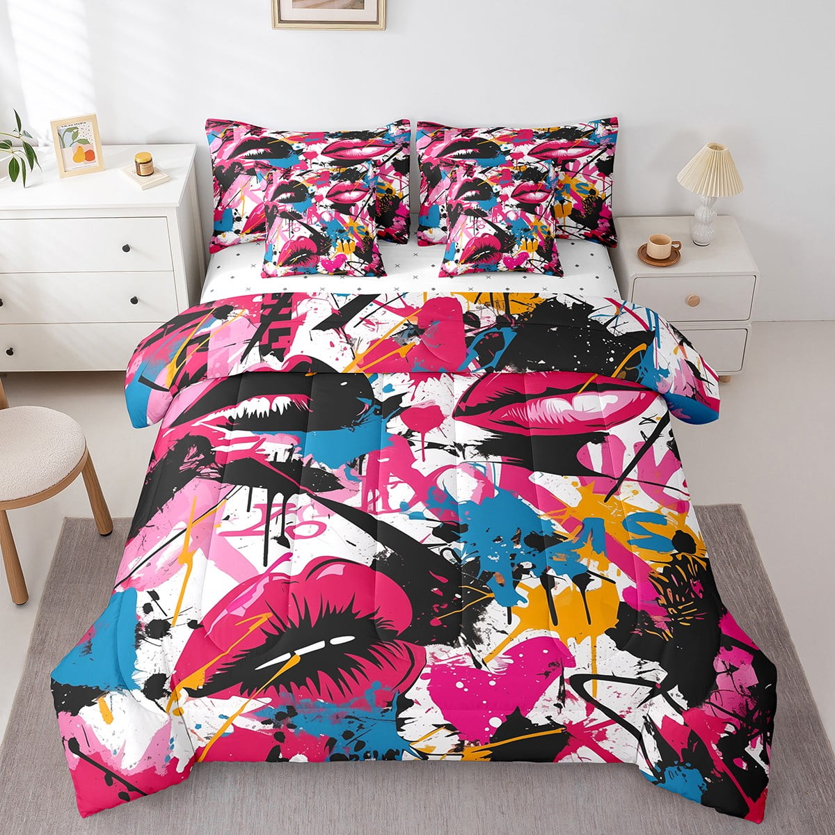 YST Boho Lips Bed In A Bag 7-Piece,Rainbow Watercolor Art King Size ...