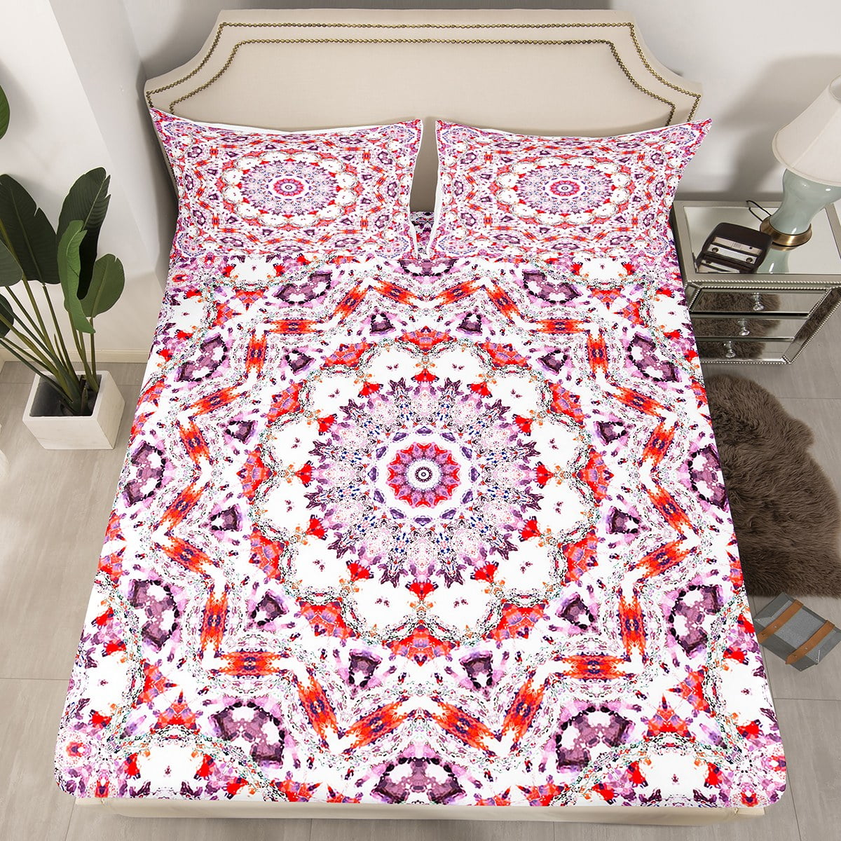 Boho Medallion Full Sheets Pink Purple Aesthetic Bed Sheets for Women , Hippie Paisley Fitted ...