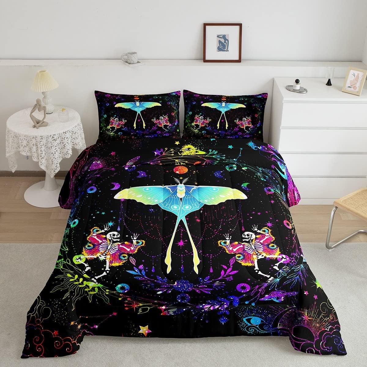 YST Boho Moth Bedding Sets Queen 3 Piece Death Skull Flower Comforter ...