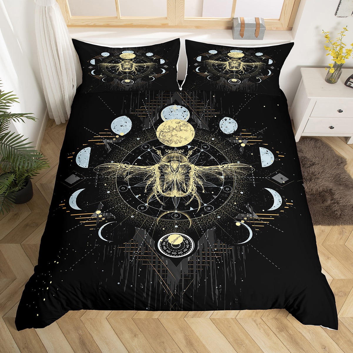 Boho Moth Duvet Cover Sun and Moon Celestial Bedding Set Black and Gold ...