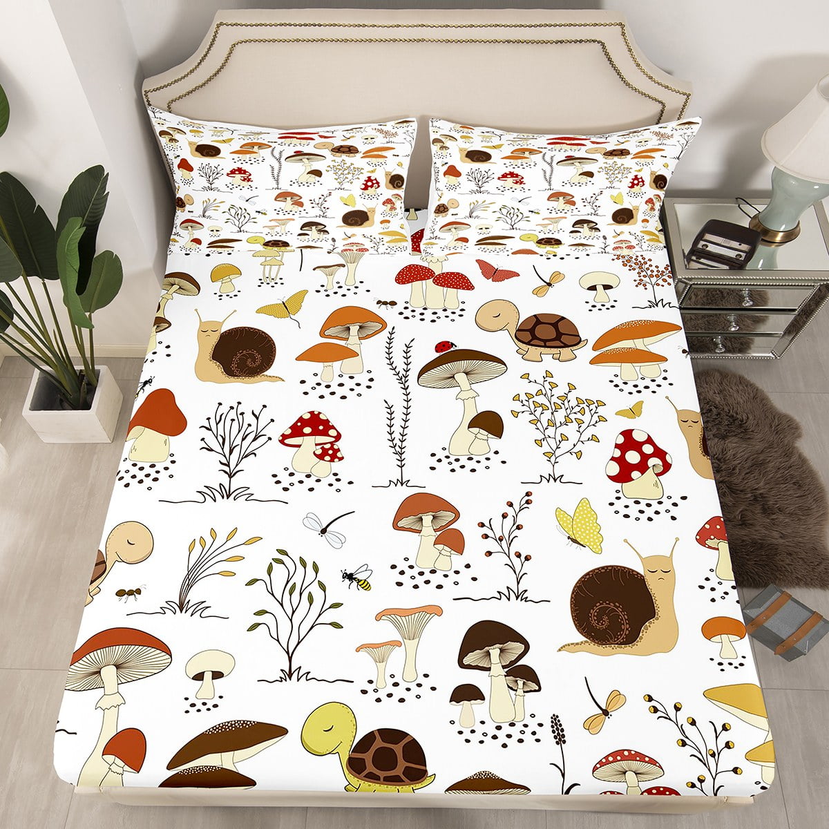 Boho Mushroom Queen Fitted Sheet Butterfly Dragonfly Sheets Turtles Bee Bed Sheets Animal and ...