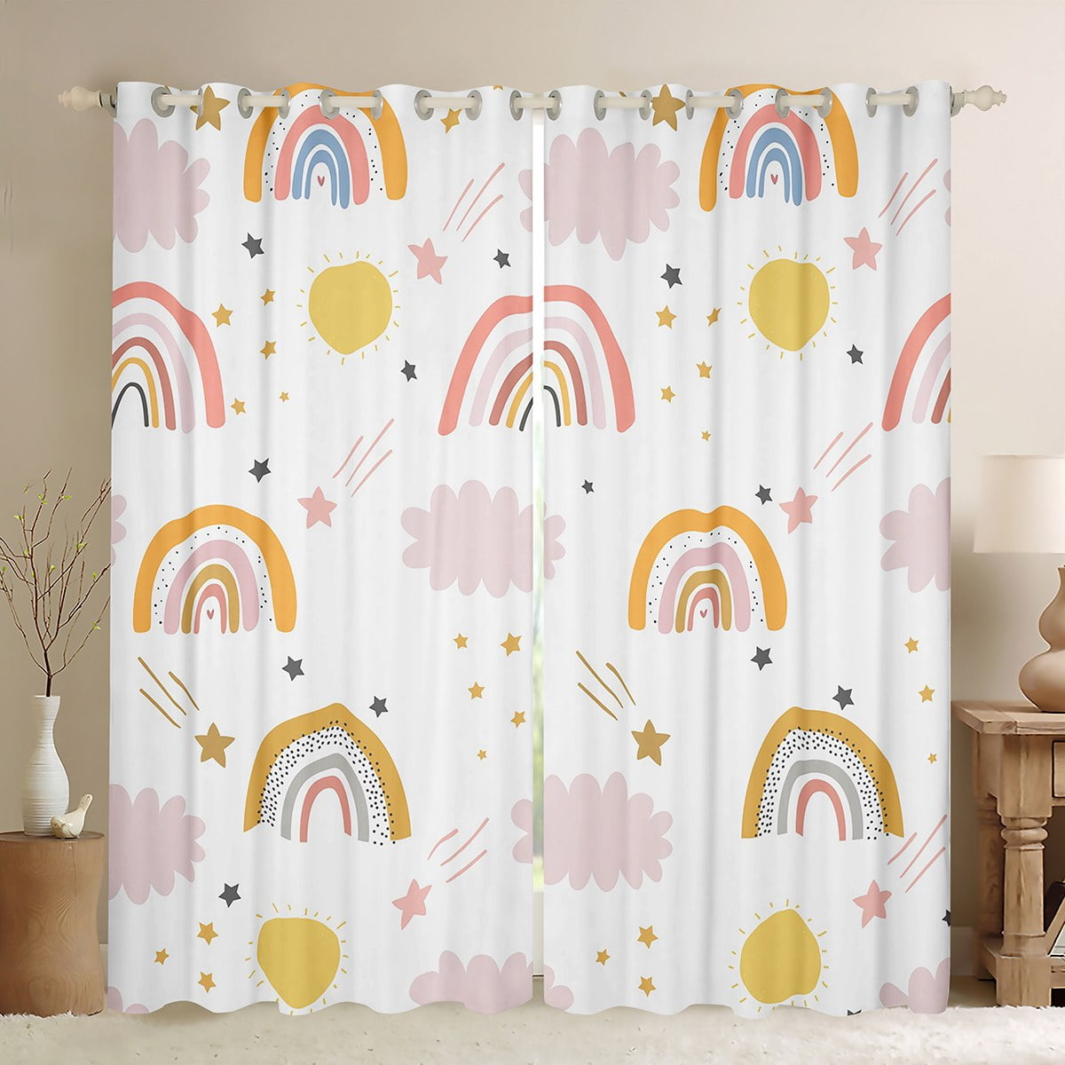 YST Boho Rainbow Blackout Curtains For Girls, Sun And Stars Curtains ...