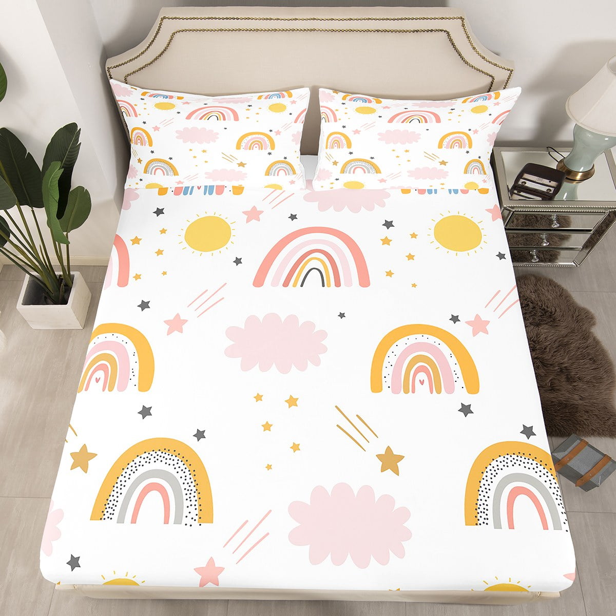 YST Boho Rainbow Full Fitted Sheet For Girls, Sun And Stars Bed Sheets ...