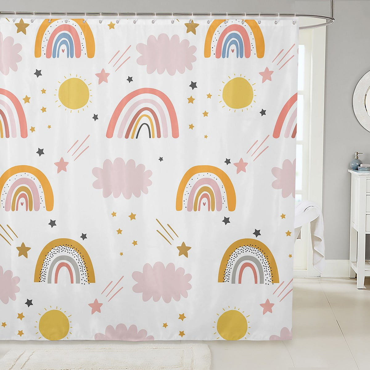 Boho Rainbow Shower Curtain , Sun And Stars Bathtub Shower Curtain Rainbow Gifts For Women ...