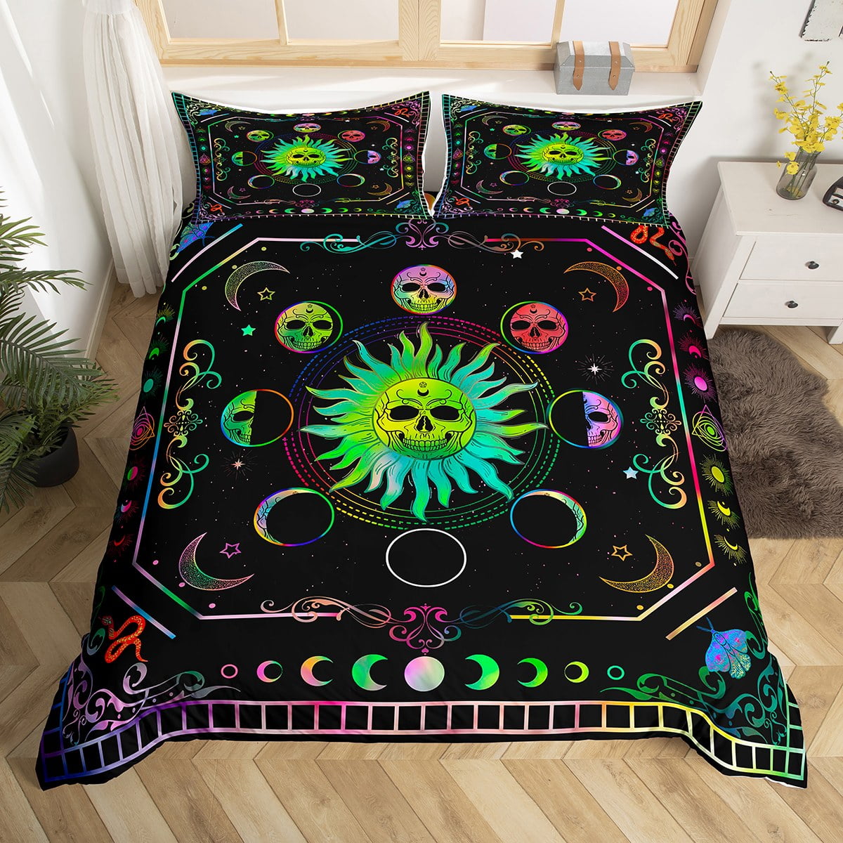 YST Boho Sun Bedding Sets Queen Moon and Stars Duvet Cover Gothic Skull ...