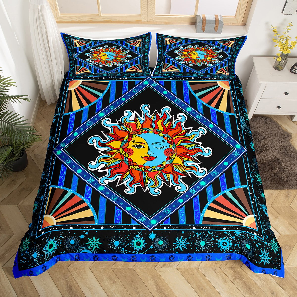 Boho Sun Moon Comforter Cover Blue Bohemian Sun Bed Sets Bedroom Teal ...