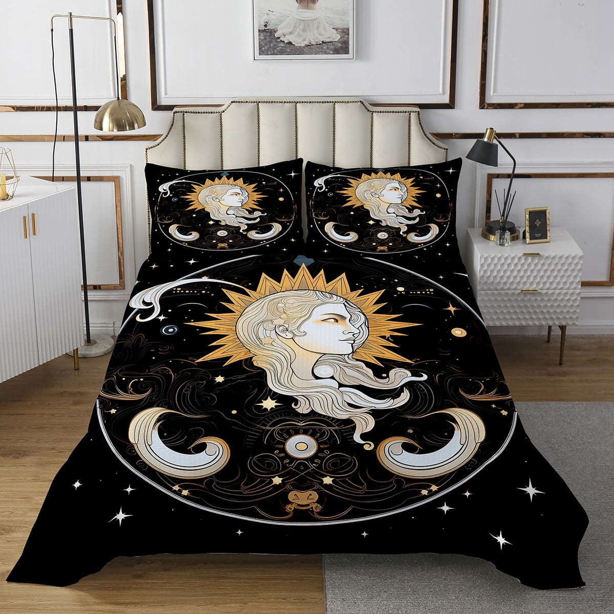 Boho Sun Moon Coverlet Set Queen Size Women Celestial Starry Sky Quilt ...