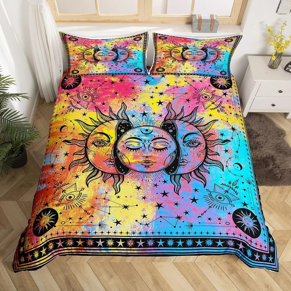 YST Boho Sun Moon Duvet Cover 3 Piece Rainbow Tie Dye Bedding Sets Queen Colorful Psychedelic ...