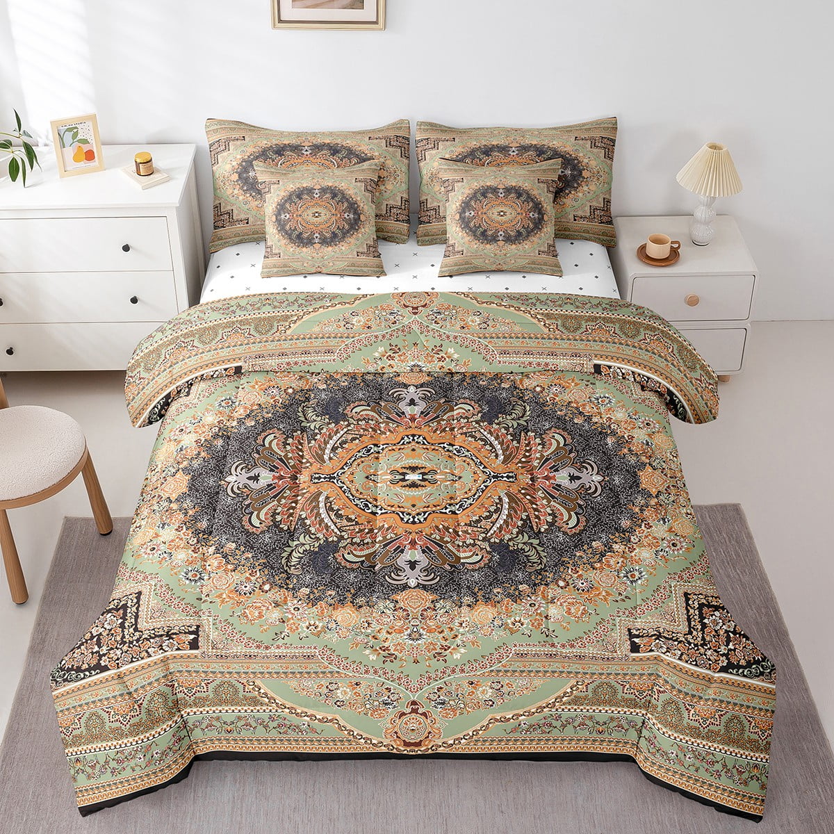 Boho Tribal 7 Pcs Comforter Set King, Retro Exotic Bedding Set, Vintage Lattice Bohemian Bed in ...