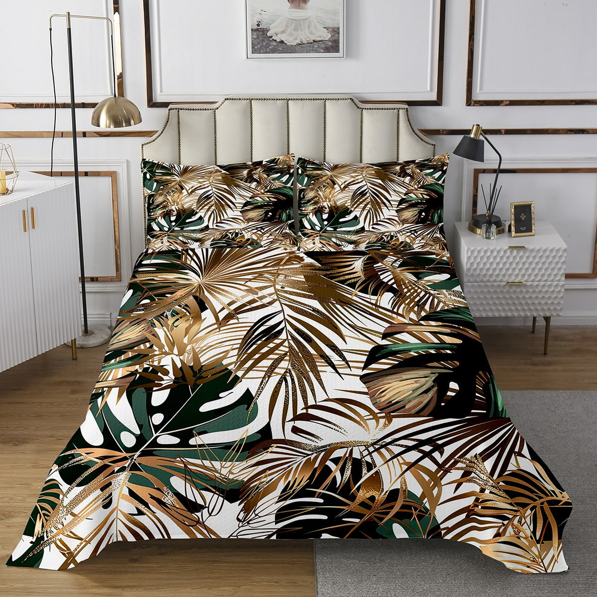 Boho Tropical Coverlet Set Queen Hawaiian Palm Tree Banana Leaves Quilt ...