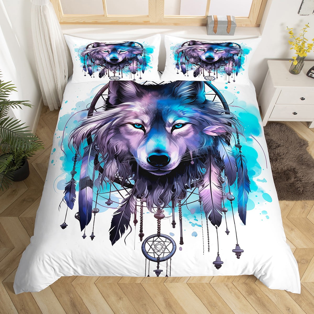 YST Boho Wolf Bed Set For Kids Boys Girls Dreamcatcher Comforter Cover ...