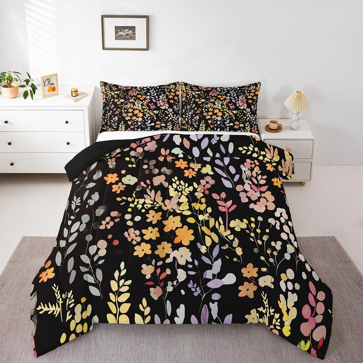 Boho Yellow Flower Comforter Set Full Size Women,Cute Colorful Flowers ...