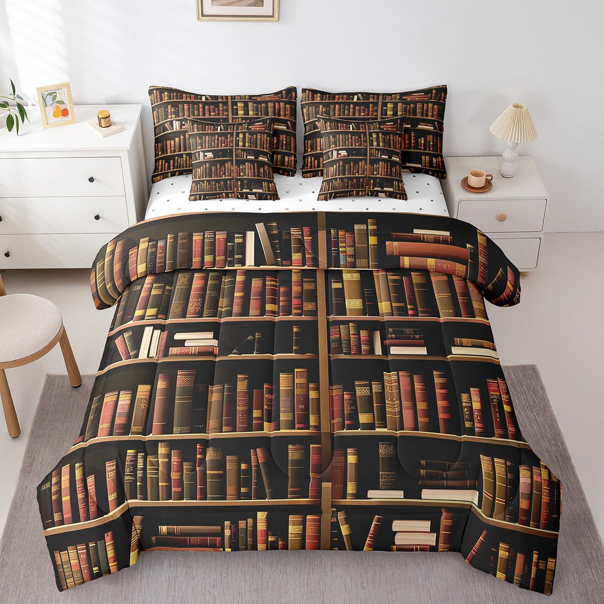 Bookshelf 7 Piece Comforter Set King Size,Vintage Educational Bookcase ...