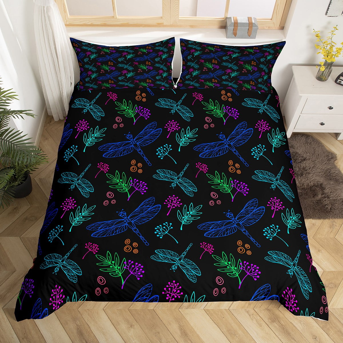 YST Botanical Plants Bed Set Neon Dragonfly Duvet Cover, Wild Animals ...