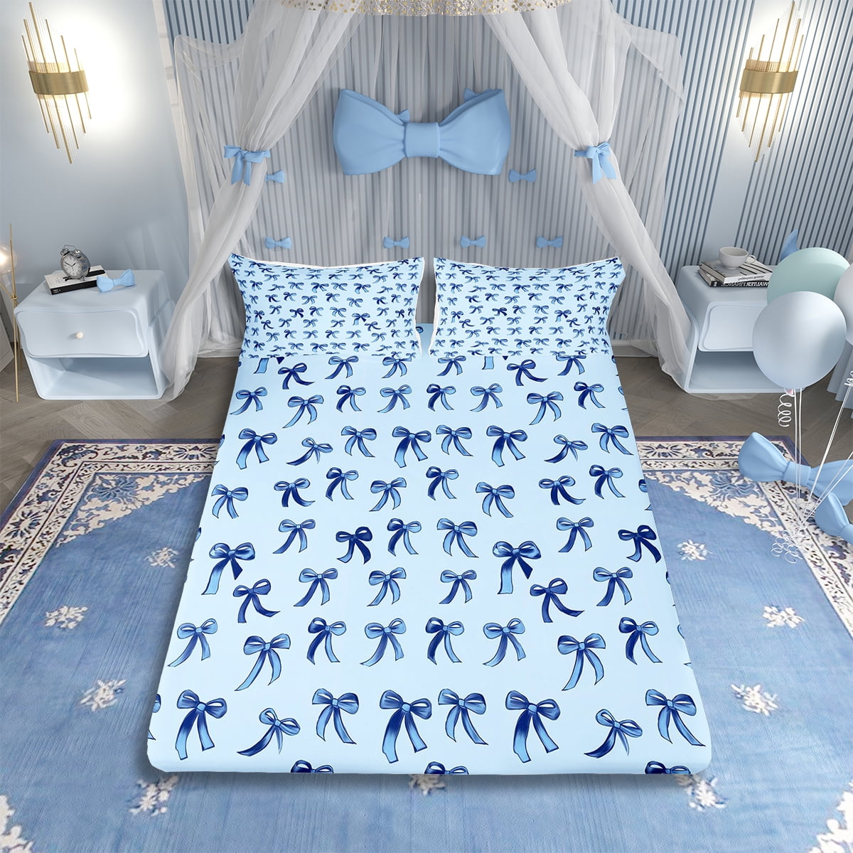 Bow Knot Queen Size Sheet Sets 4pcs,Kawaii Simple Bows Microfiber Bed ...