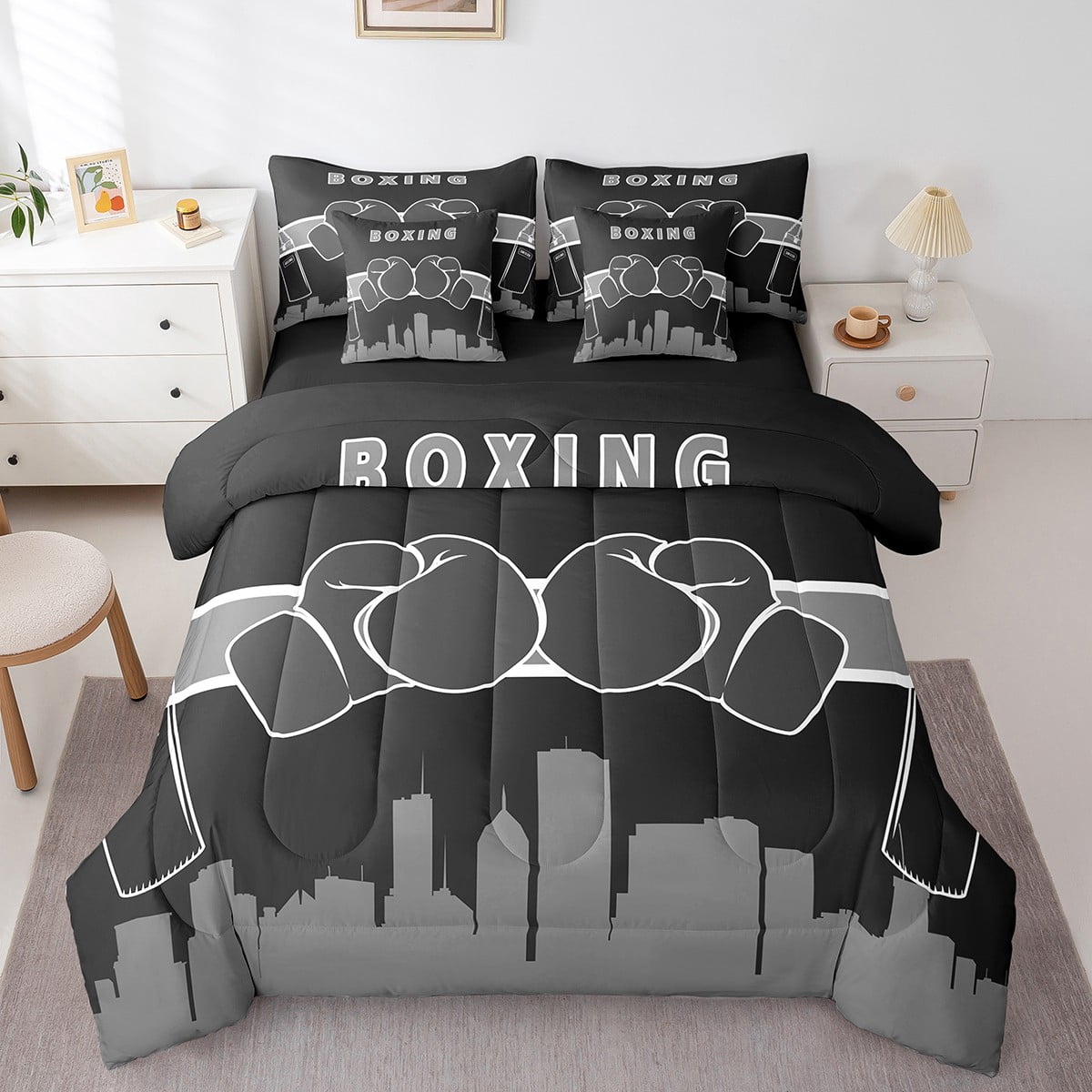 Erosebridal Boxing Bed in a Bag 7-Piece Boxing Sports Bedding Set, Grey ...