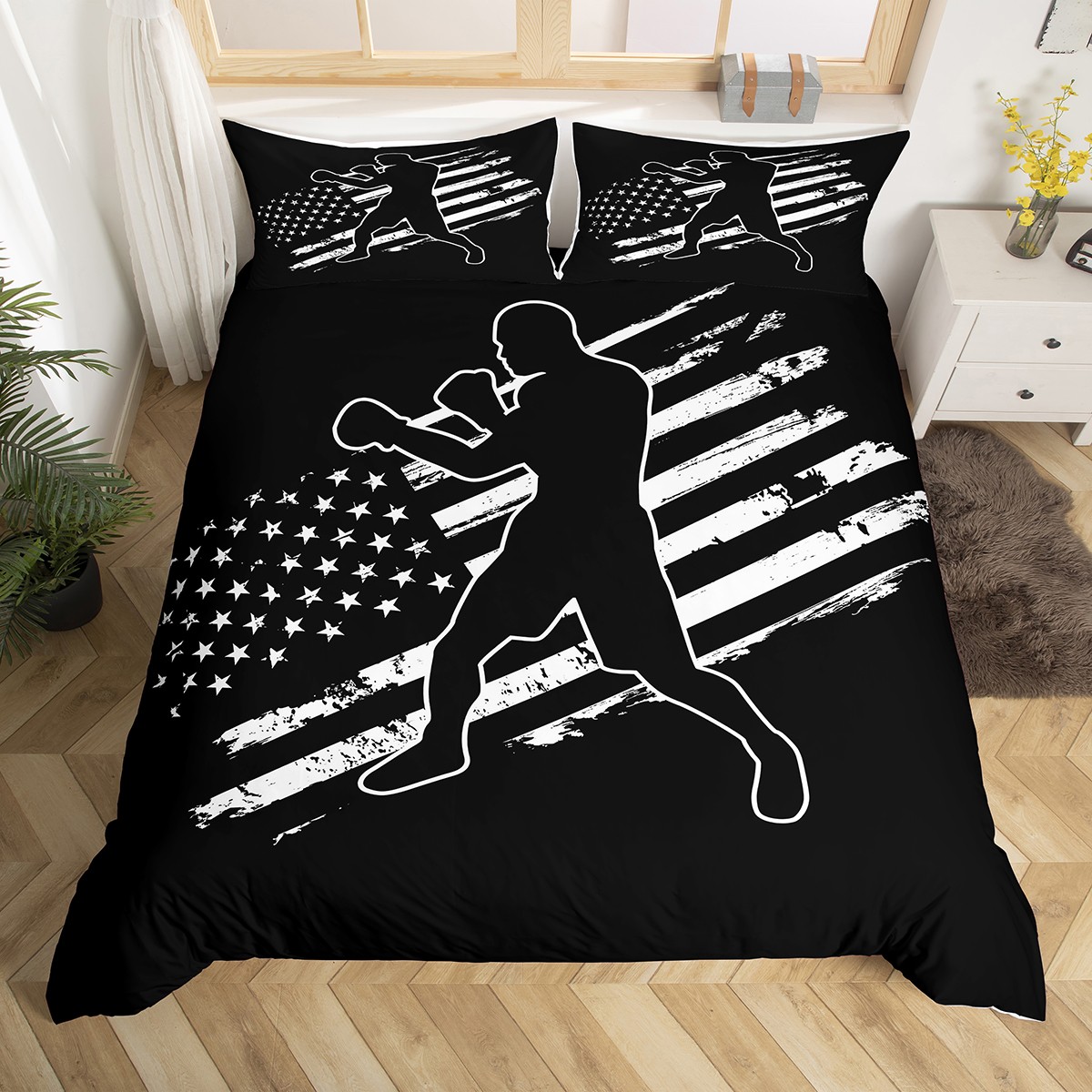 Boxing Duvet Cover Teens Youth,Black Grey American Flag Bedding Set ...