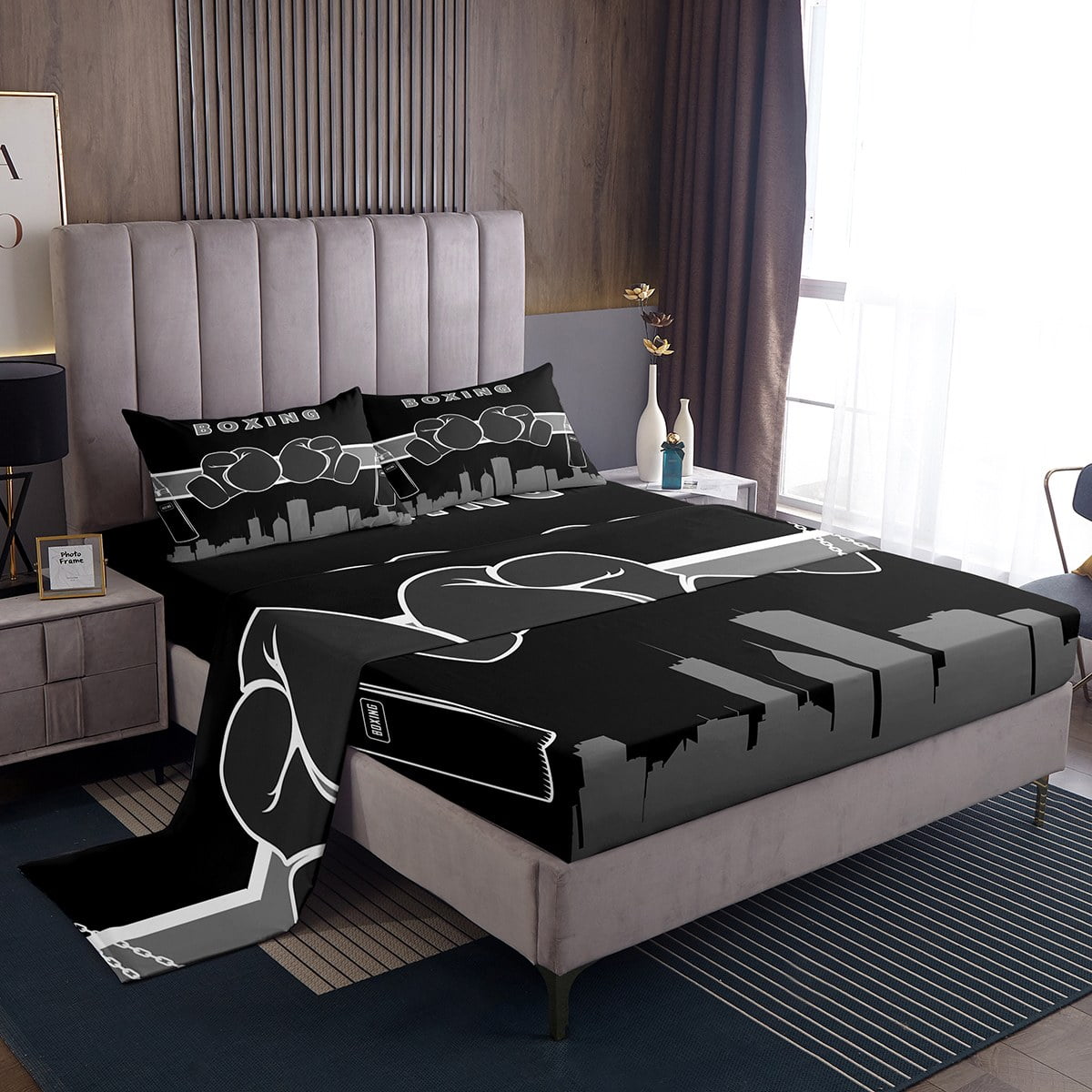 YST Boxing Twin Sheets Boxing Sports Bed Set, Grey Gloves Bed Sheets ...