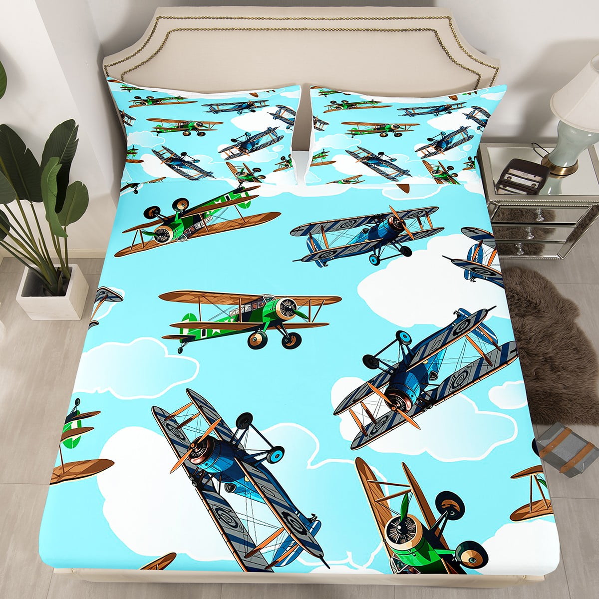 YST Boys Aircraft Bed Sheets Full Size,Retro Airplane Fitted Sheet for ...