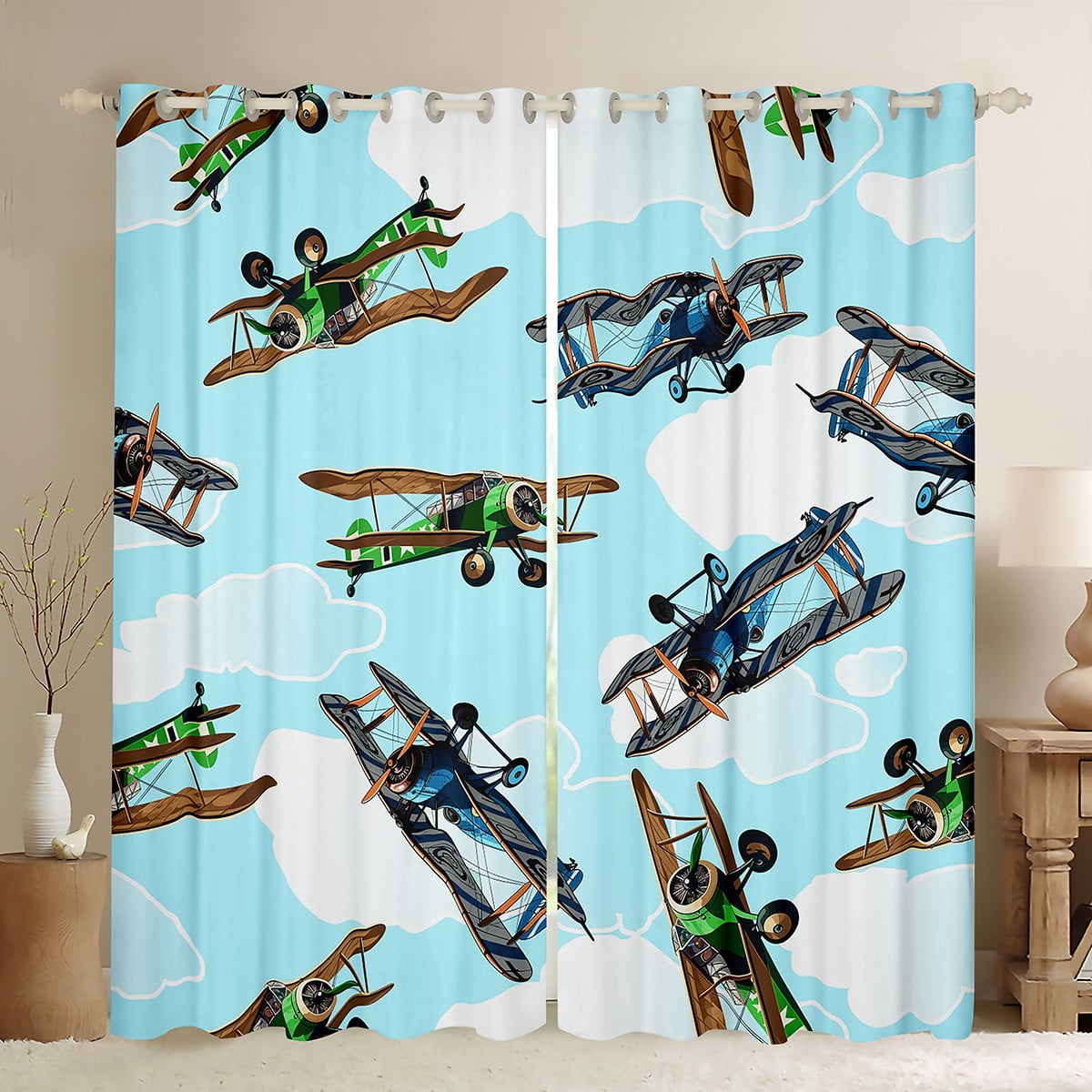 YST Boys Aircraft Blackout Curtains,Retro Airplane Curtains for Kids Teens Adult,Flying Plane ...