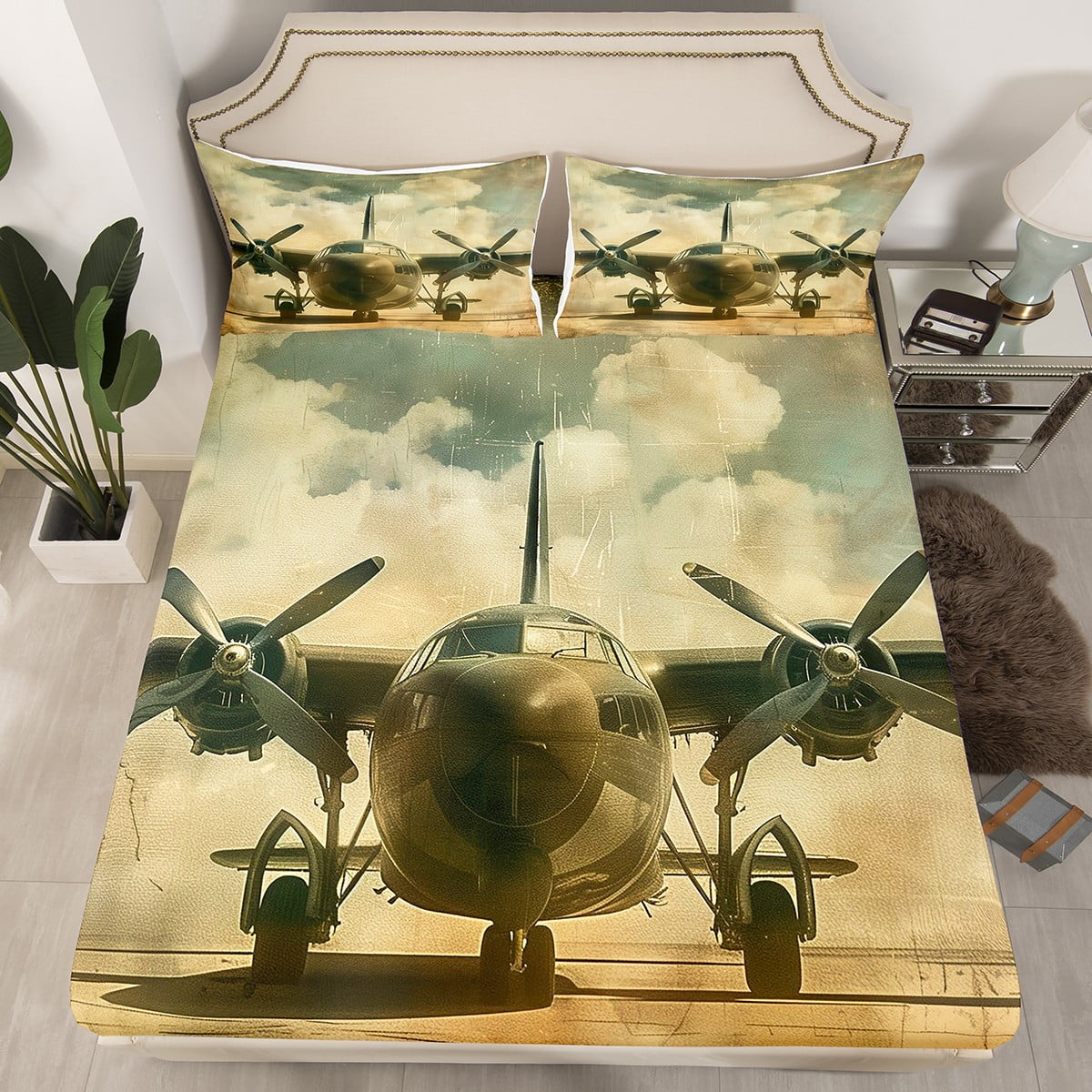 Airplane Fitted Sheet 3D Printed Aircraft Bed Sheets Full, Vintage ...
