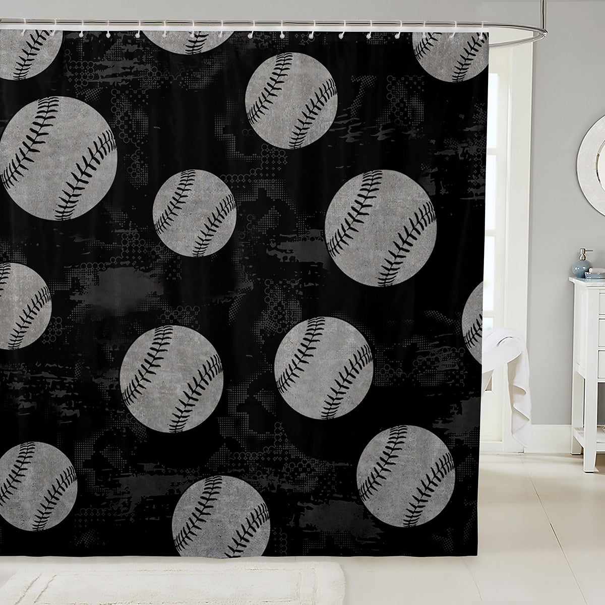YST Boys Baseball Bath Curtain Kids Sports Shower Curtain, Black Grey ...