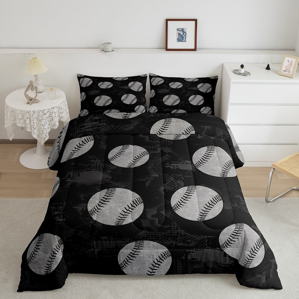 Baseball Bedding Set Queen Sports Comforter Set, Black Grey Duvet ...