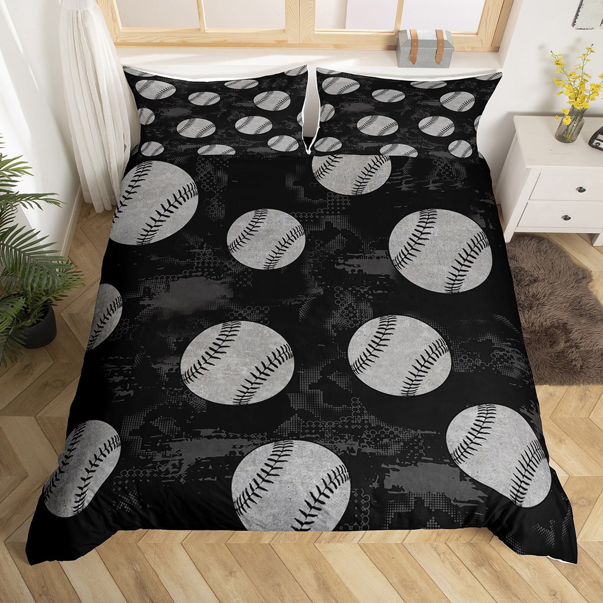 YST Boys Baseball Comforter Cover Kids Sports Bed Set, Black Grey Duvet ...