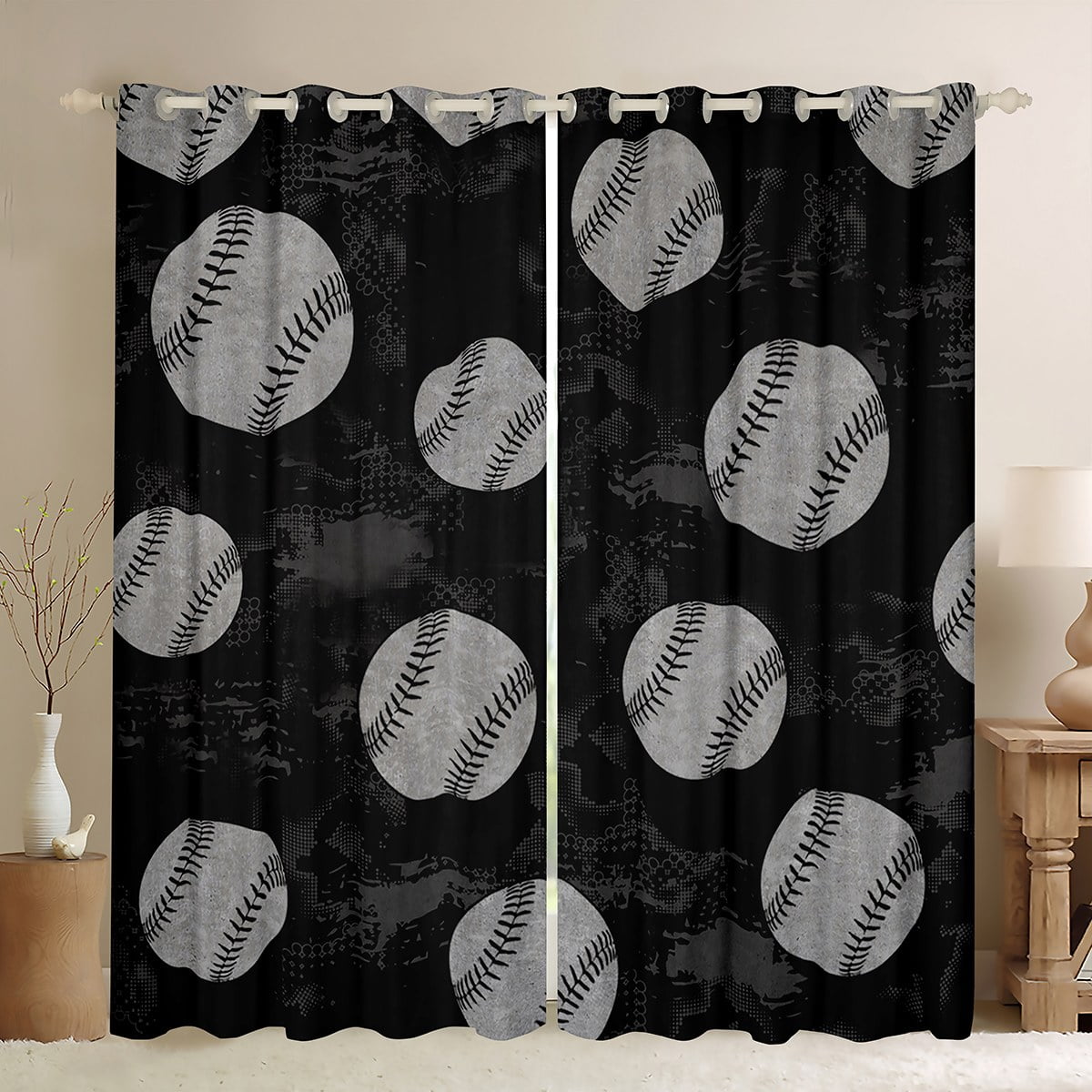Baseball Curtains & Drapes Sports 30%-50% Blackout Curtains, Black Grey ...