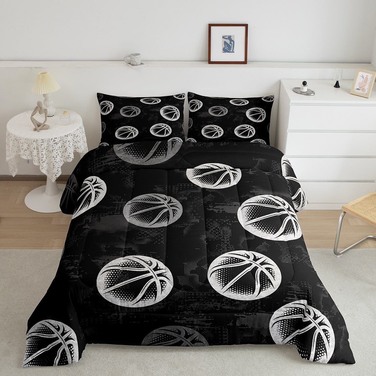 YST Boys Basketball Comforter Set Queen Kids Sports Bedding Set, Black Grey Bedding Comforter ...