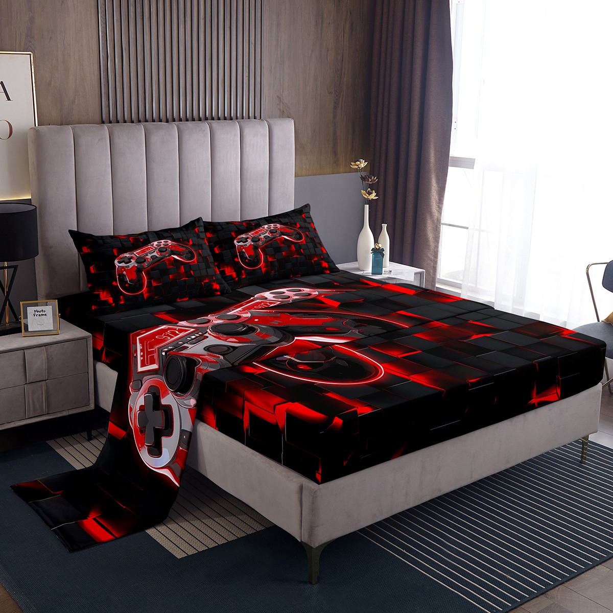 Bed Sheets Set Full Size Game Console Sheets Teen Black and Red Gamepad ...